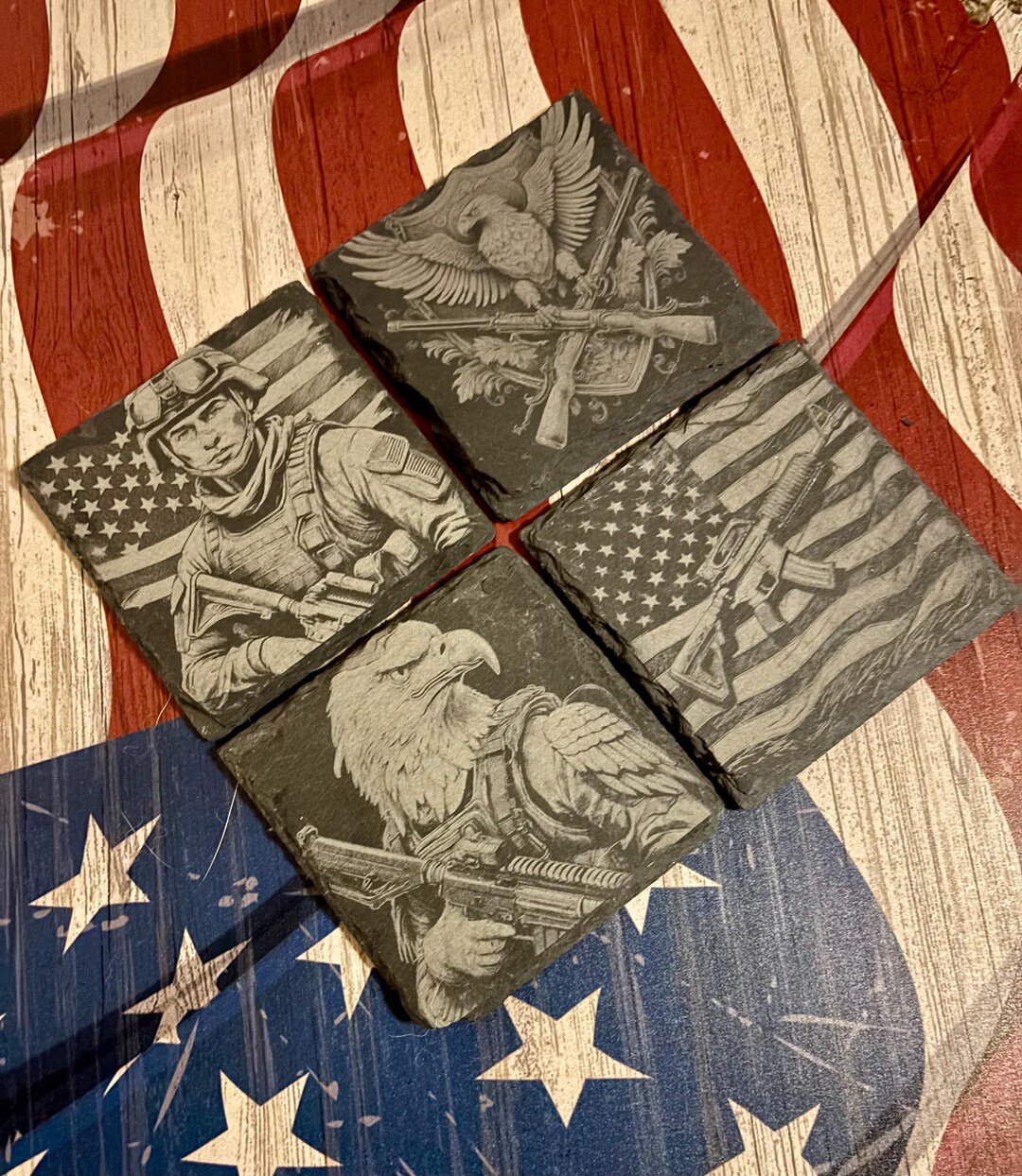 USA Rustic Patriotic Slate Coasters - Set of 4 - Laser Engraved - 4"x4 ...