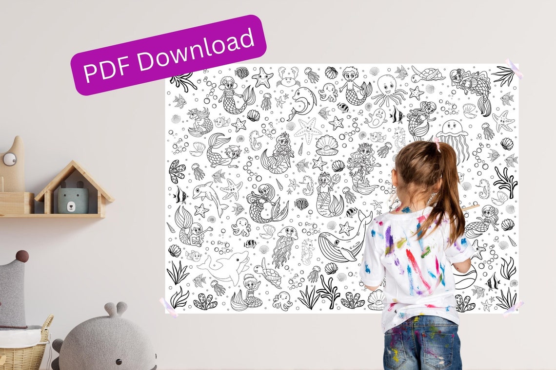 Coloring Poster Ocean Animals & Mermaids Digital Download Coloring ...