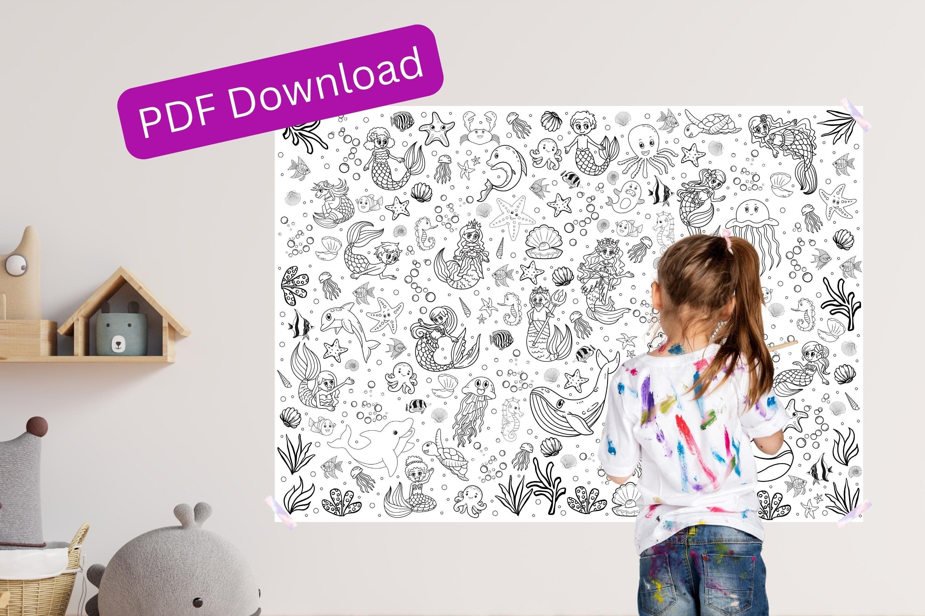 Coloring Poster Ocean Animals & Mermaids Digital Download Coloring ...