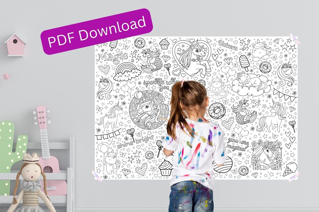Unicorn Coloring Poster Digital Download Kids Coloring Activity Unicorn ...