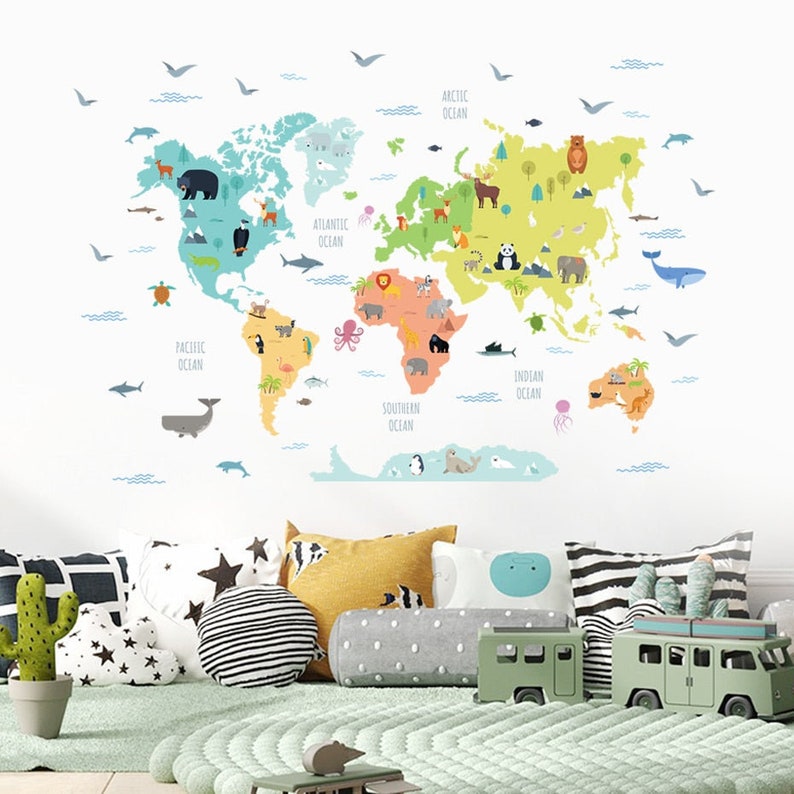 World Map Wall Decal Educational Wall Sticker Nursery, Bedroom ...