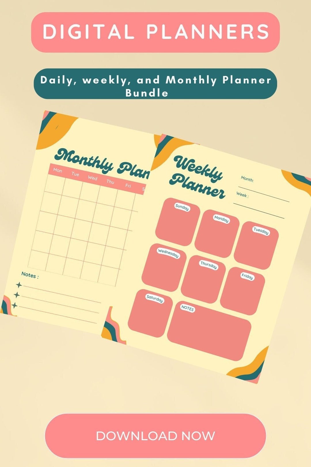 Retro Sunset Instant Download Planner Bundle - Daily, Weekly And ...