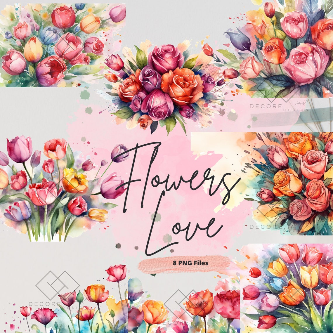 Watercolor Flowers Tulips Roses Clip Art Bundle Tulip Bouquets Clip Art ...