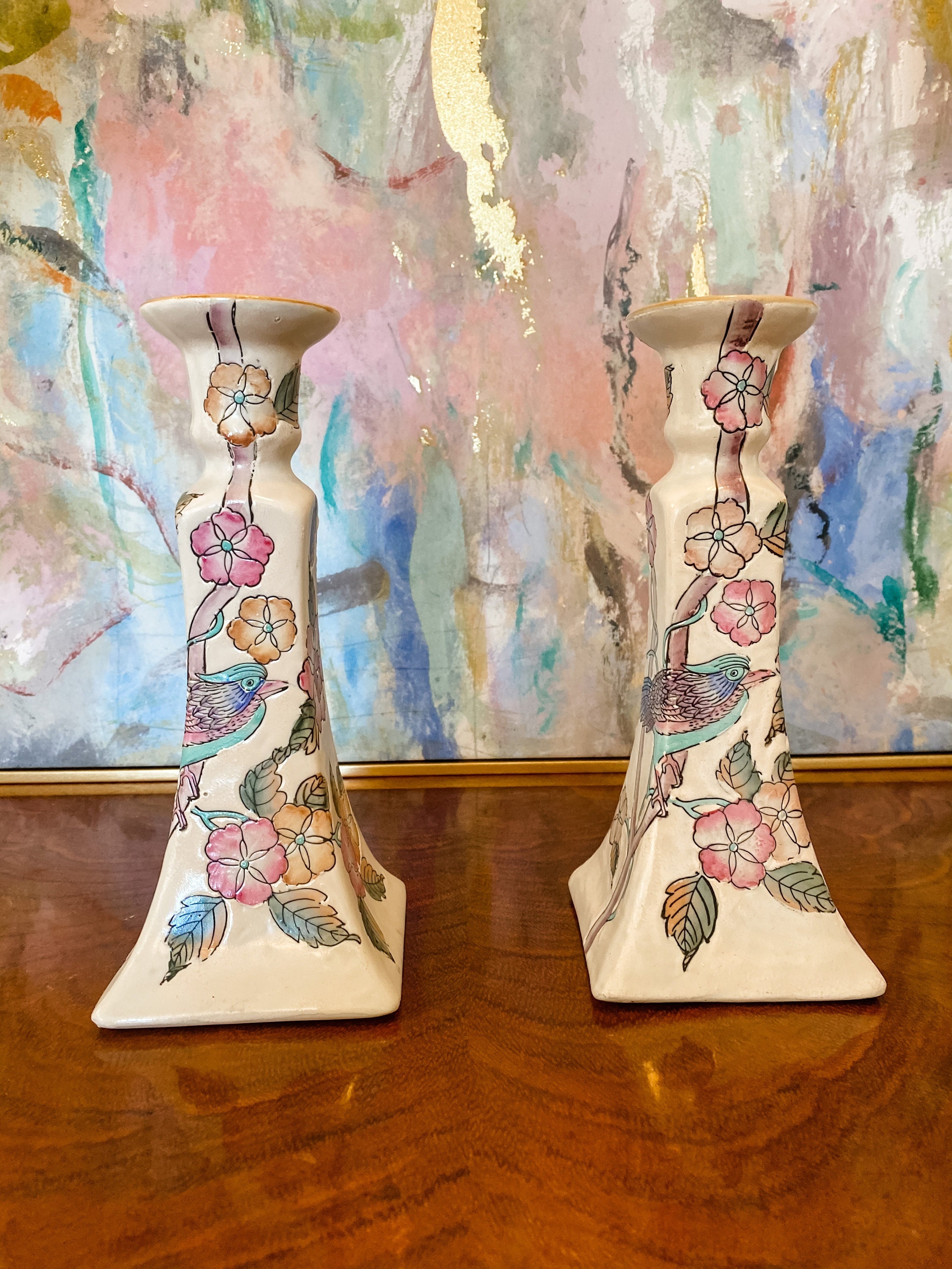 PAIR of Hand Painted Candlestick Holders Bluebirds / Candlestick Holder ...