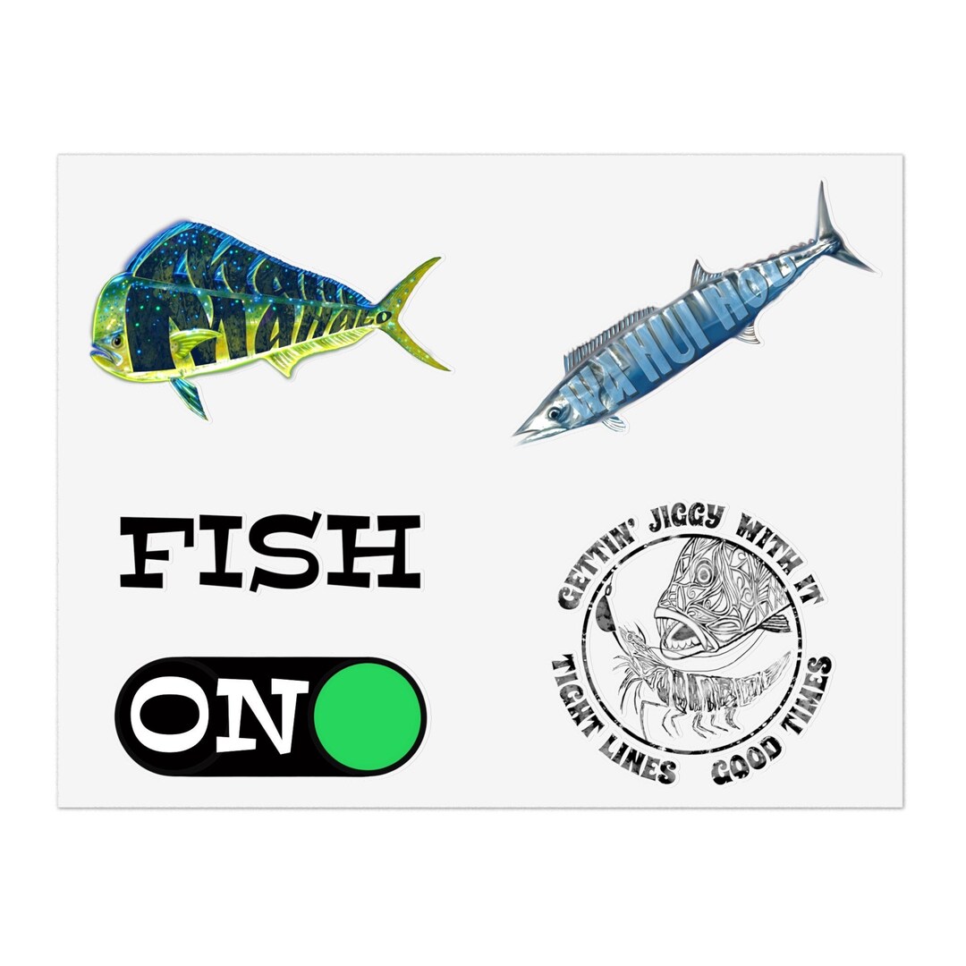 Fish ON Mahi Mahalo WAHOO Wahuihou Tight Lines Fishing Sticker Sheets ...