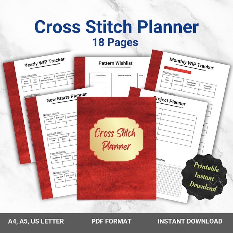 PRINTABLE Cross Stitch Planner, Undated, Red, Tracker, Journal, Xstitch ...