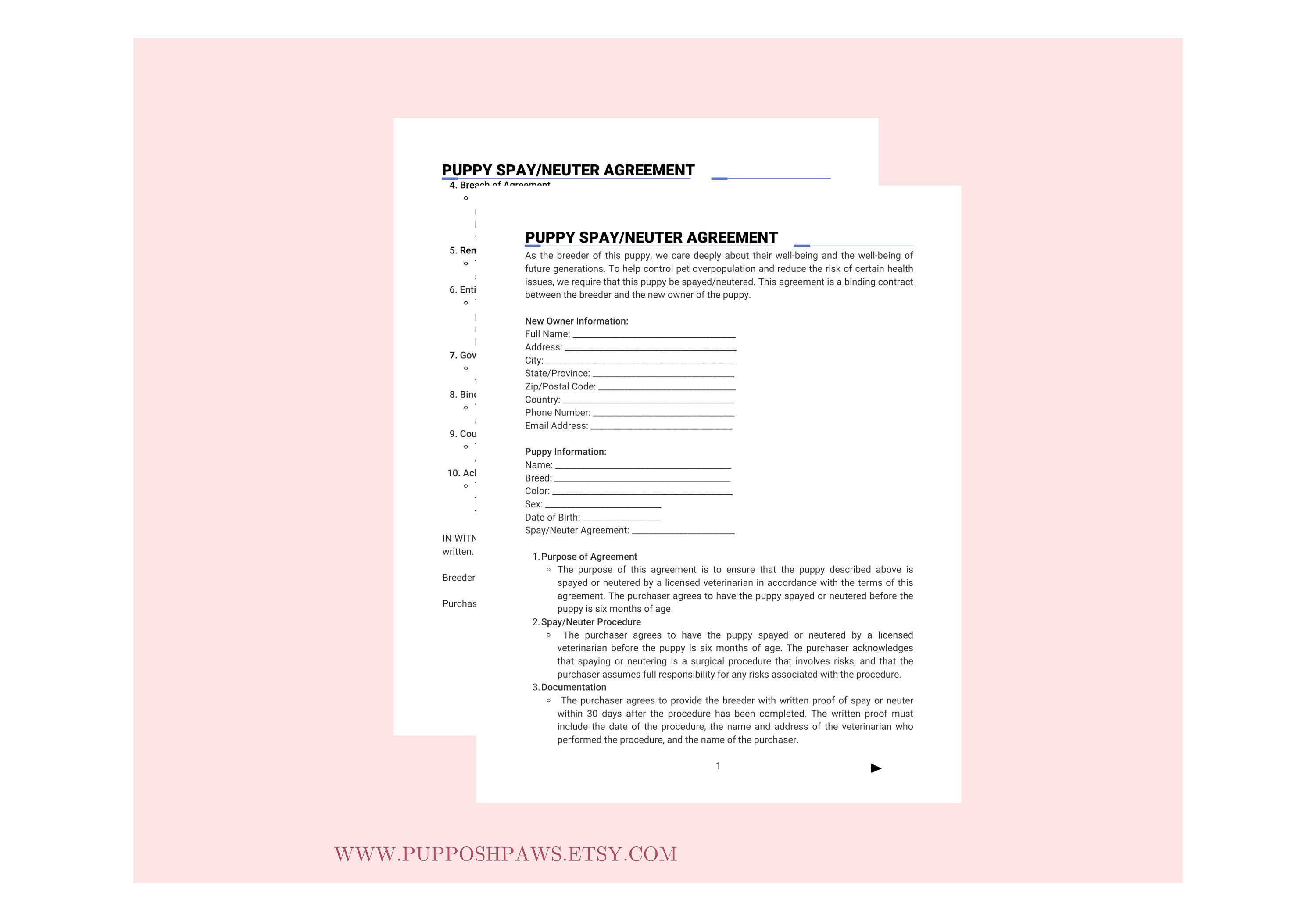 Spay and Neuter Your Pets Contract Agreement, Editable Breeder Form - Etsy