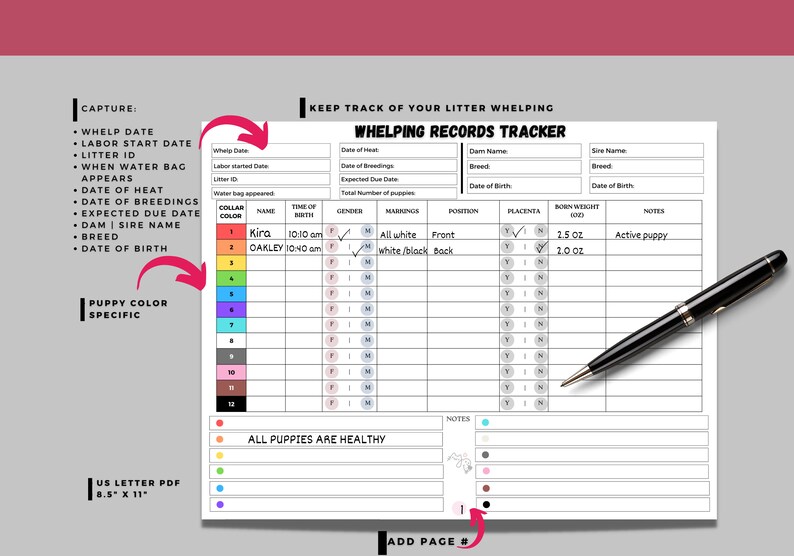 Printable Puppies Whelping Tracker Collar Color Coded Form - Etsy