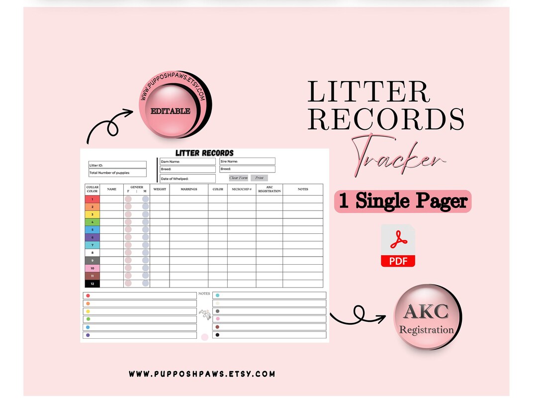 Fillable Litter Record Tracker: Whelping Records, Whelping Collar ...