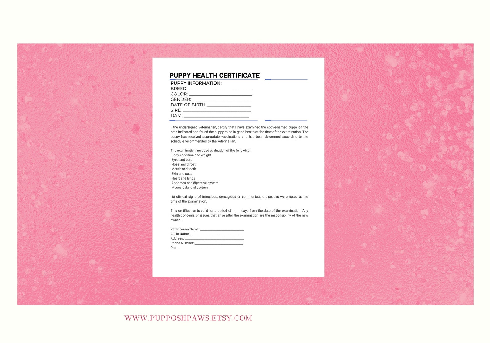 Puppy Health Certificate Template: Pet Health Records for Breeders and ...