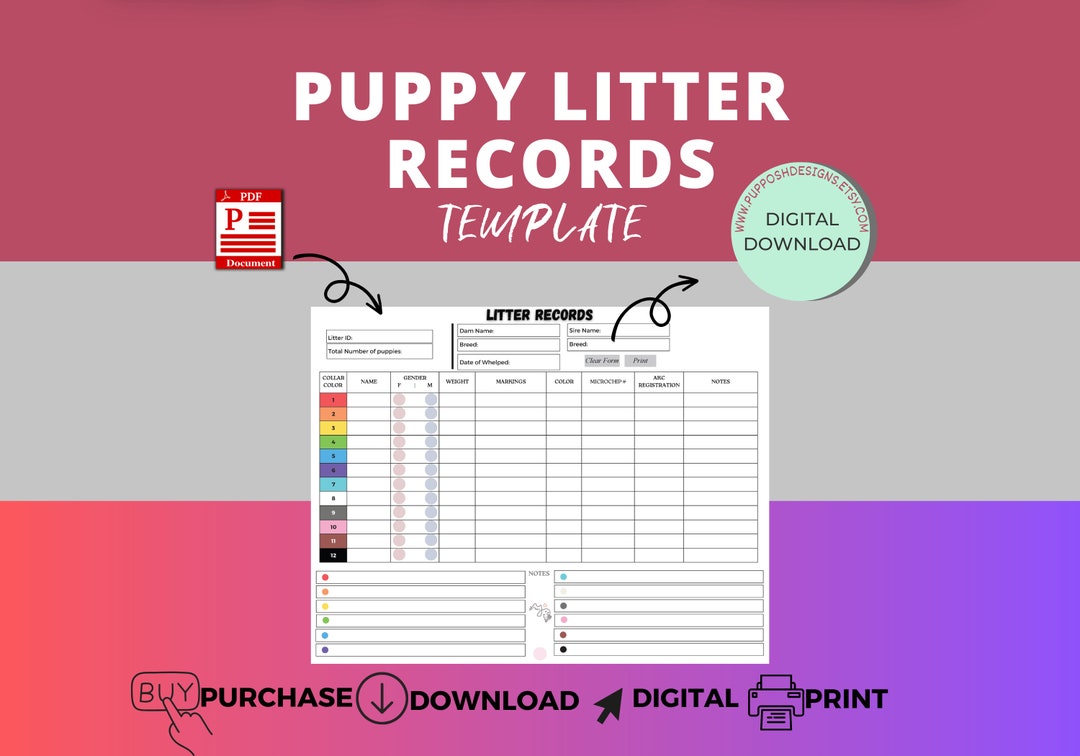 Fillable Litter Record Tracker, Whelping Records, Whelping Collar ...