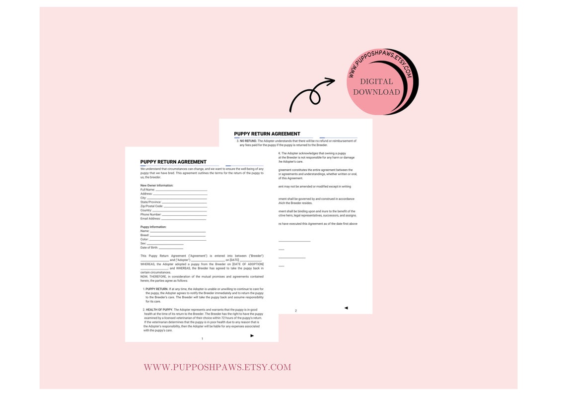 Puppy Return Agreement Contract: Breeder & Owner Template (PDF, Word, Canva) - Etsy
