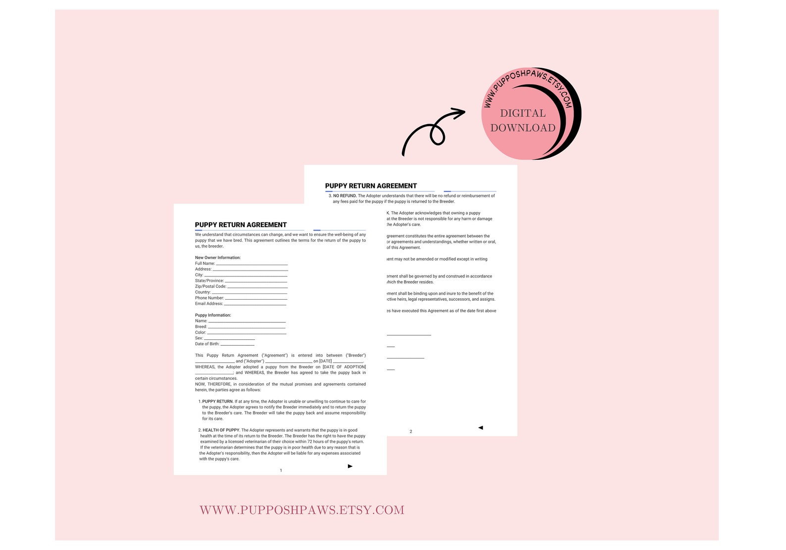 Puppy Return Agreement Contract: Breeder & Owner Template (PDF, Word ...