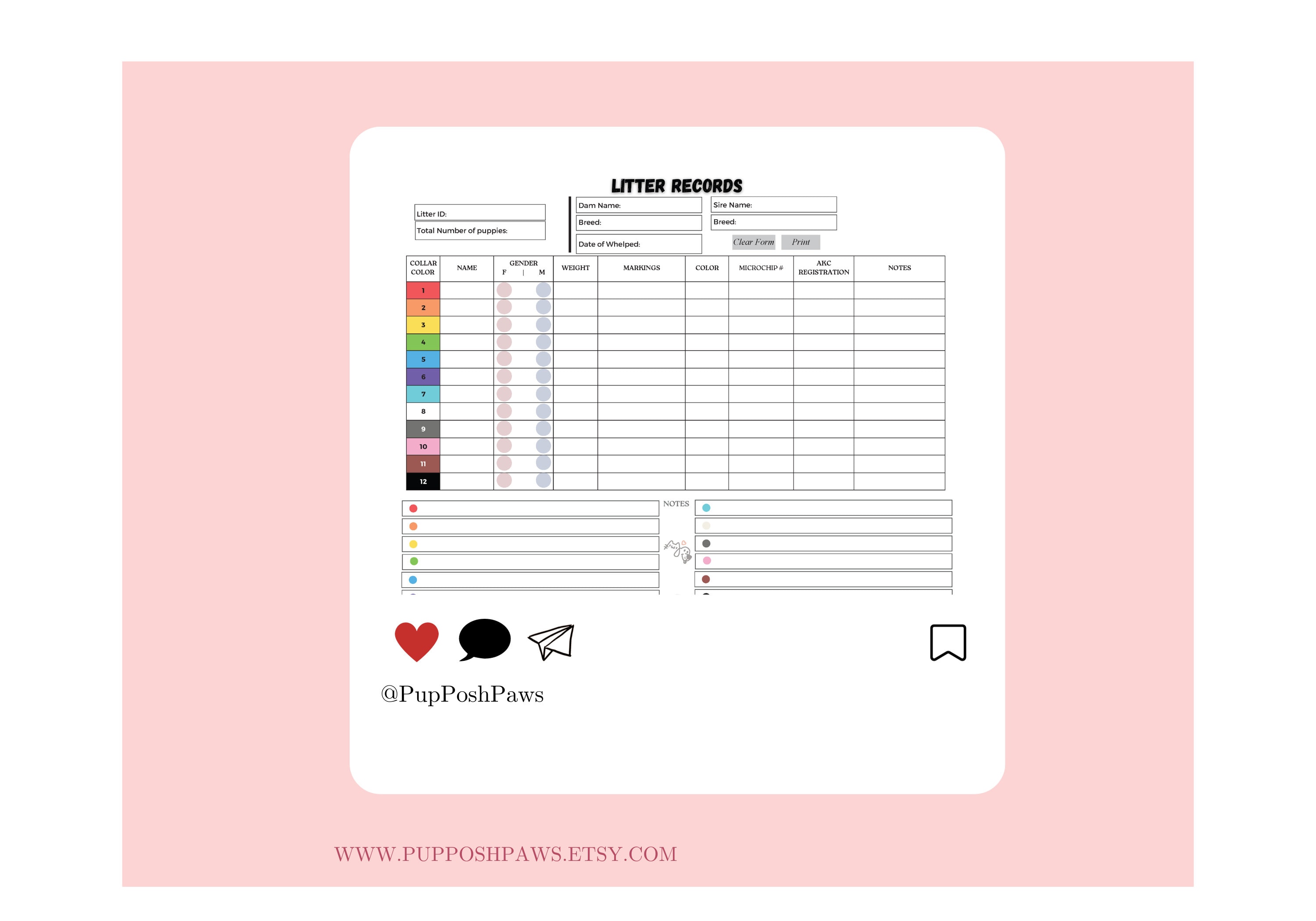 Fillable Litter Record Tracker: Whelping Records, Whelping Collar ...