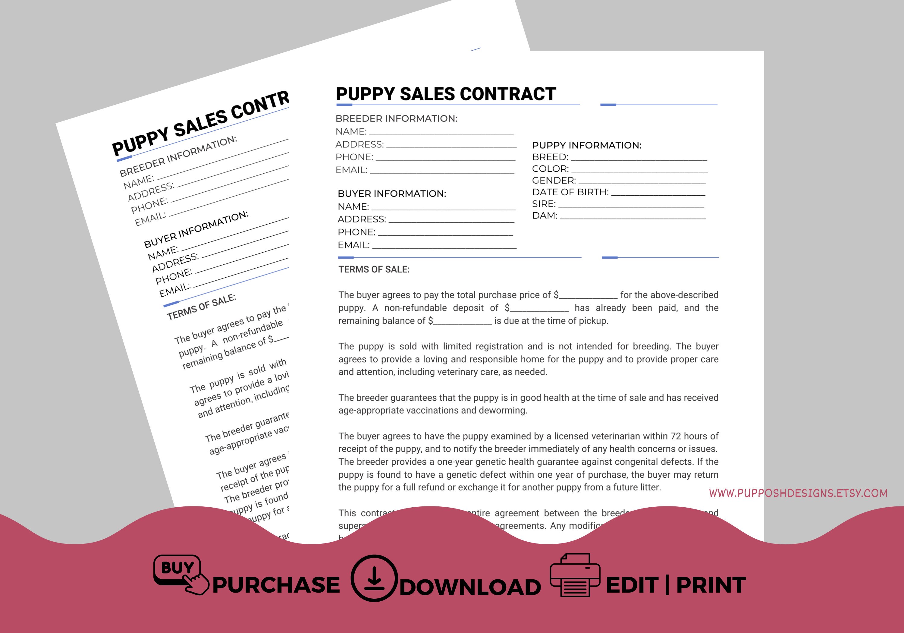 Puppy Sales Contract Purchases and Sale Agreement Breeder - Etsy