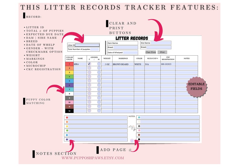 CKC Fillable Puppy Litter Record Tracker- Whelping & Medical Records ...