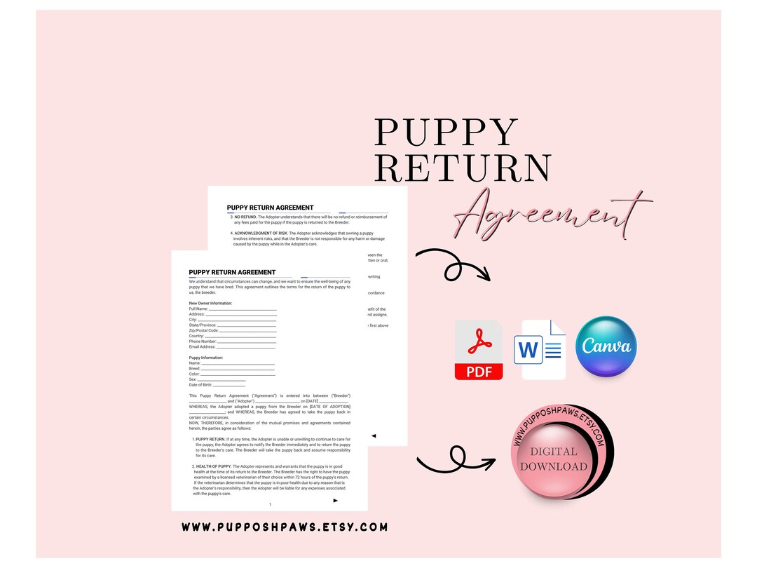 Puppy Return Agreement Contract: Breeder & Owner Template (PDF, Word ...