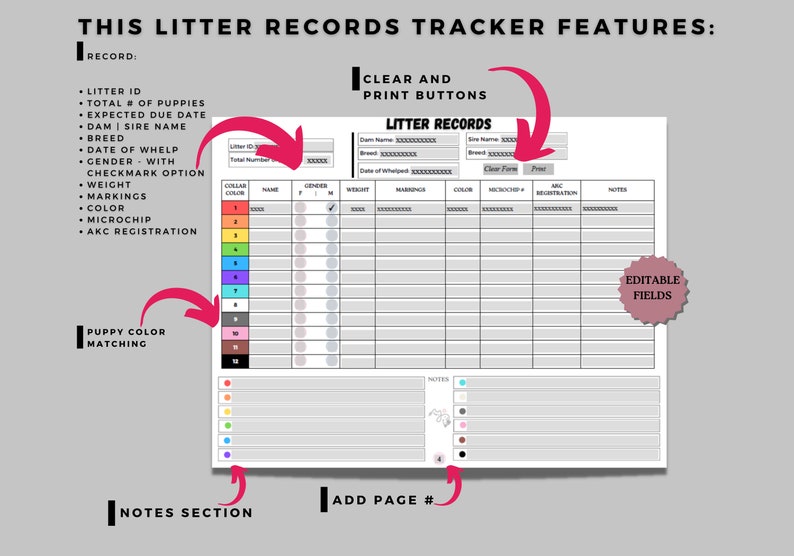 Fillable Litter Record Tracker: Whelping Records, Whelping Collar ...