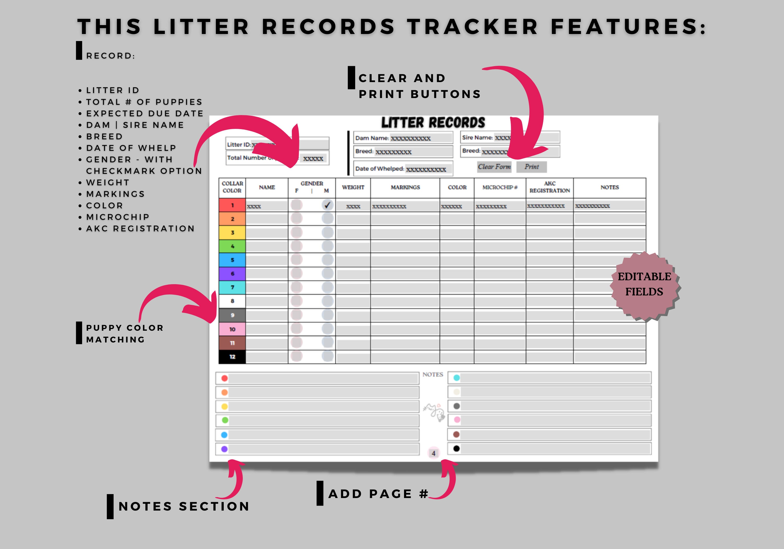 Fillable Litter Record Tracker: Whelping Records, Whelping Collar ...