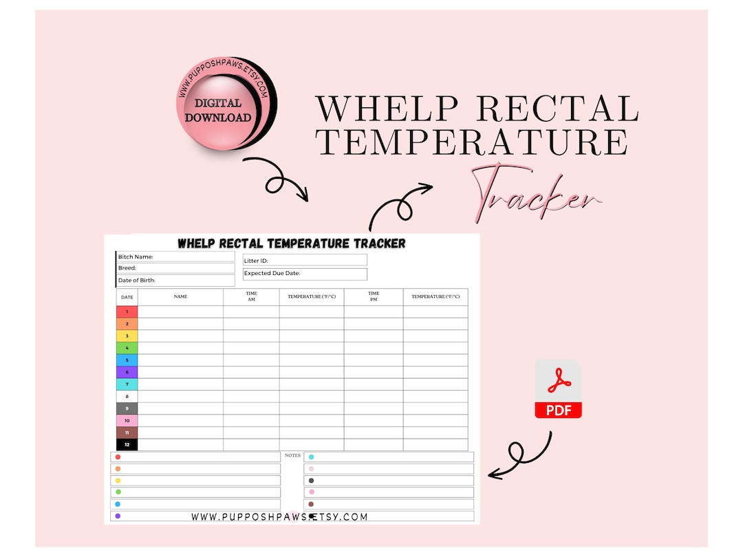 Printable Whelp Rectal Temperature, Whelping Temperature Records for ...