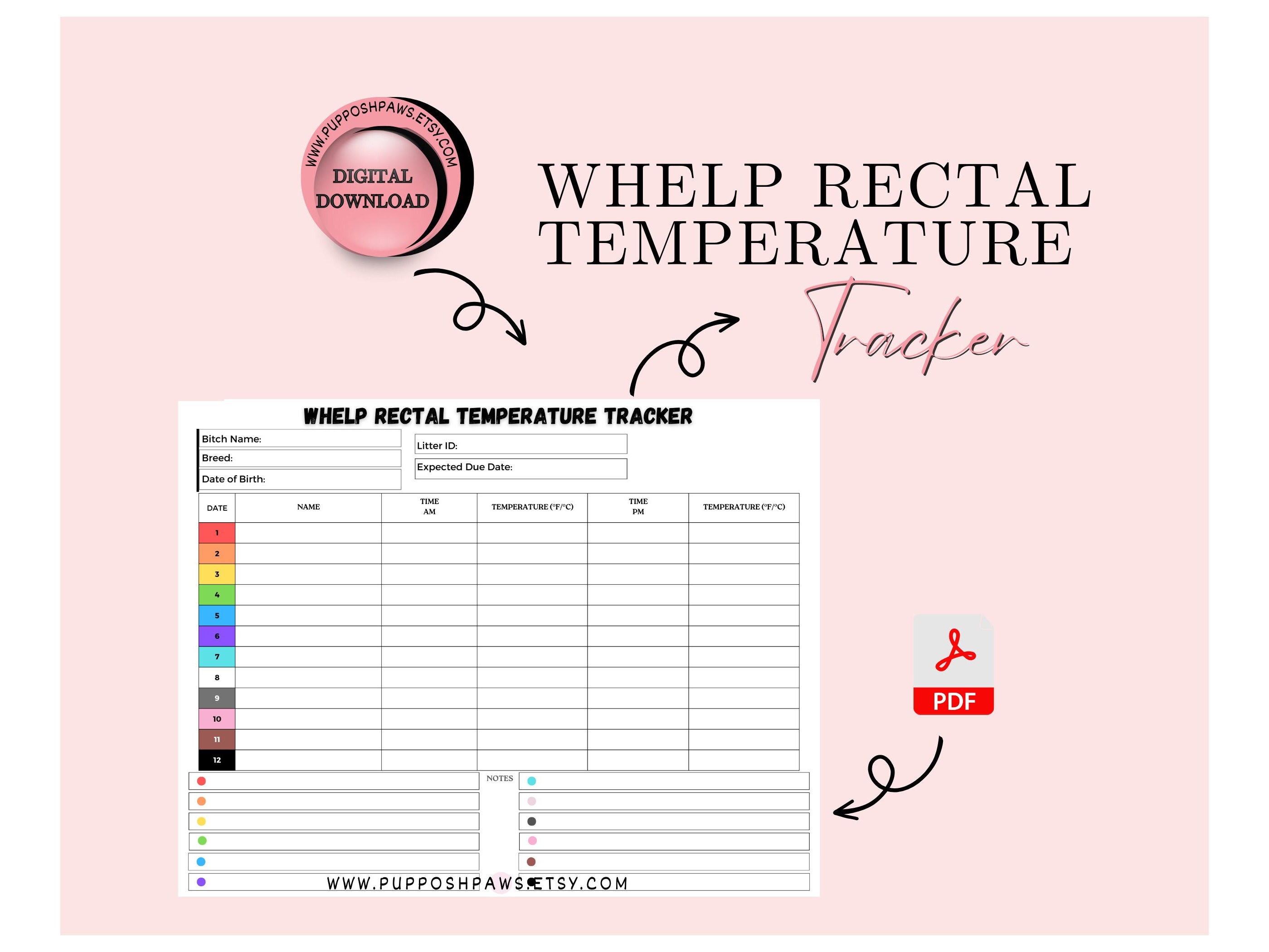 Printable Whelp Rectal Temperature, Whelping Temperature Records for ...