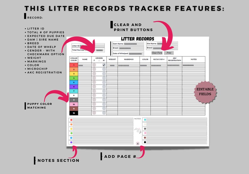 Fillable Litter Record Tracker, Whelping Records, Whelping Collar ...