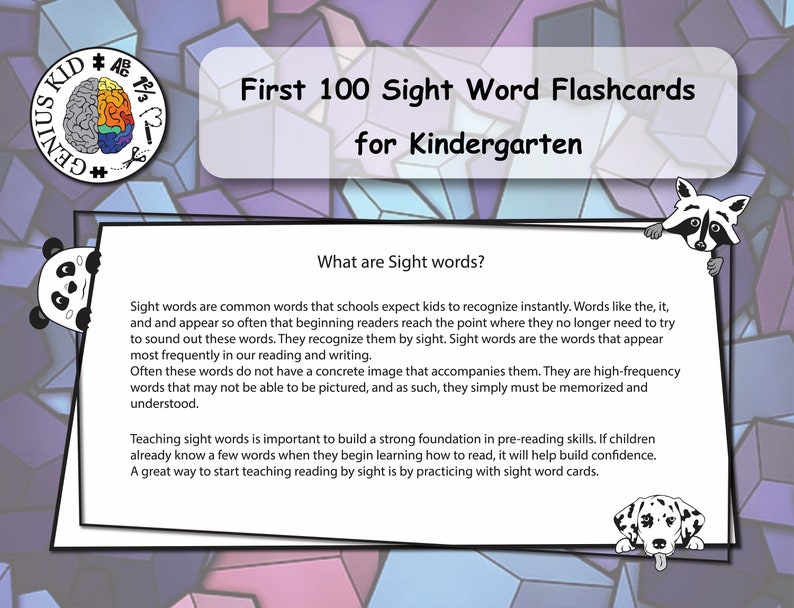 First 100 Printable Sight Word Flashcards for Kindergarten - Etsy