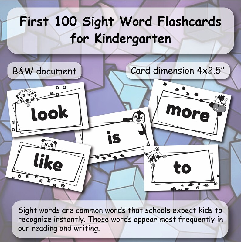 First 100 Printable Sight Word Flashcards for Kindergarten - Etsy