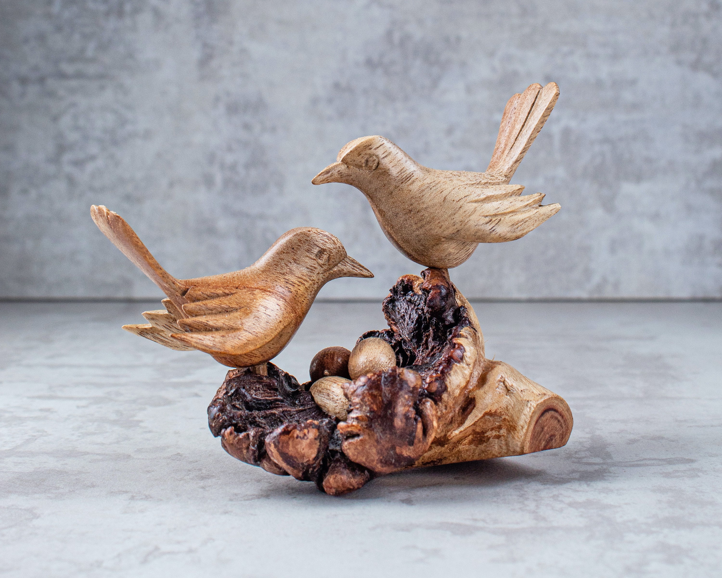 Birds on Their Nest 4" Wooden Bird Sculpture Handmade Unique Gift L ...