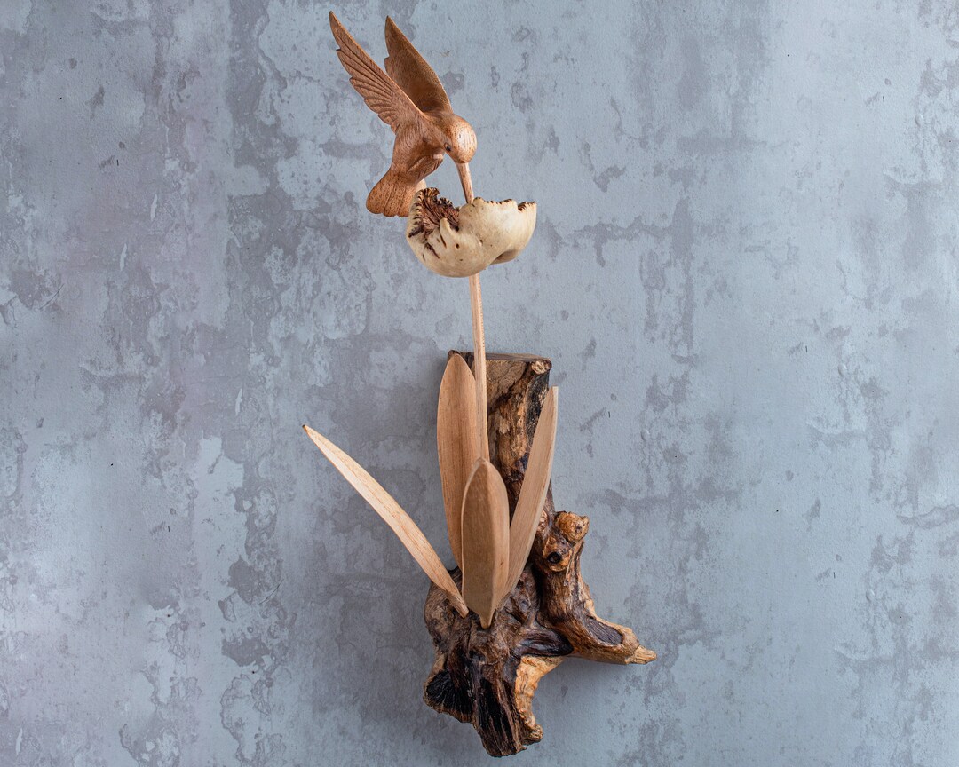 Handmade Hummingbird Wood Carving: Wall Hanging Bird & Flower Sculpture ...