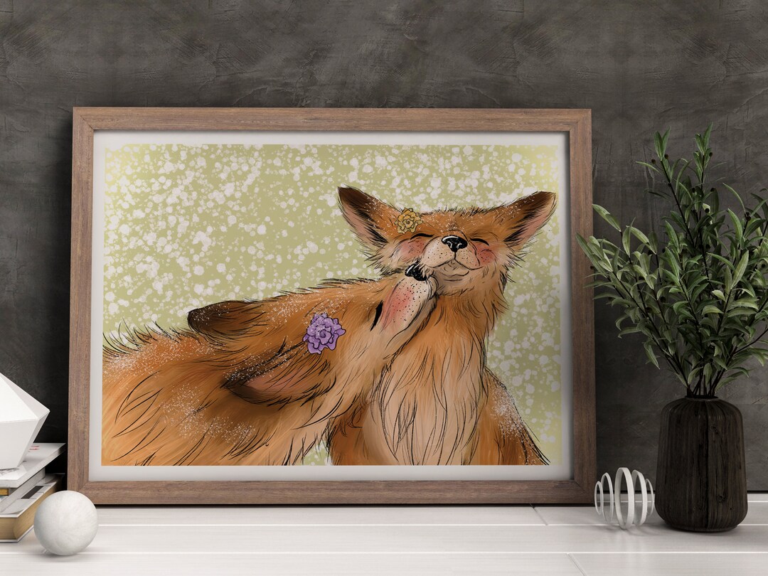 Fox Kiss A4 Art Print, Winter Fox, Christmas Gift Print, Animal Winter ...
