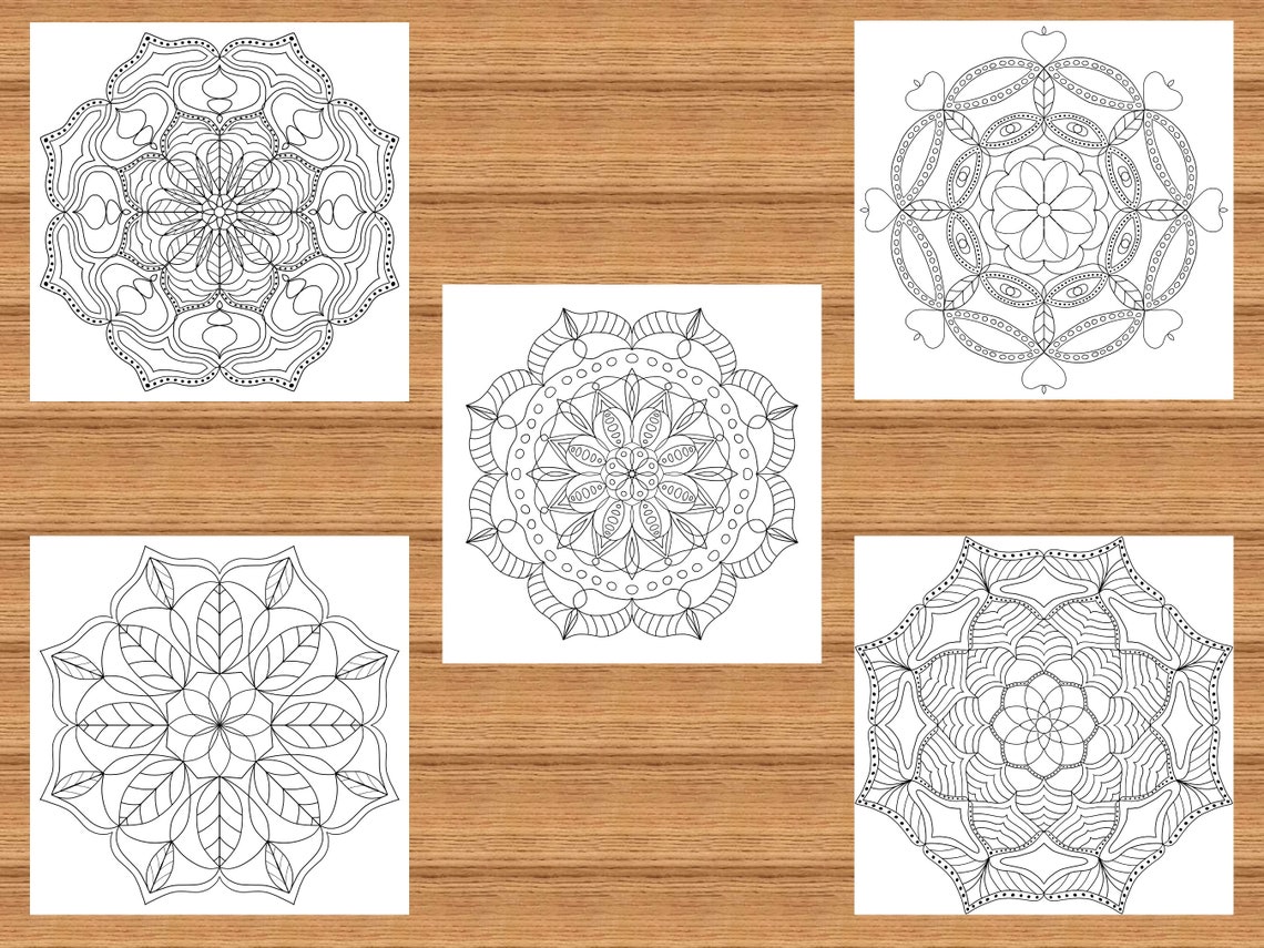 5 Hand Drawn Mandala Coloring Pages, Printable PDF, PNG Included - Etsy