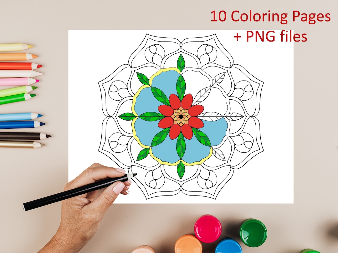 10 Flower Themed Mandala Coloring Pages, Printable PDF, PNG Included - Etsy
