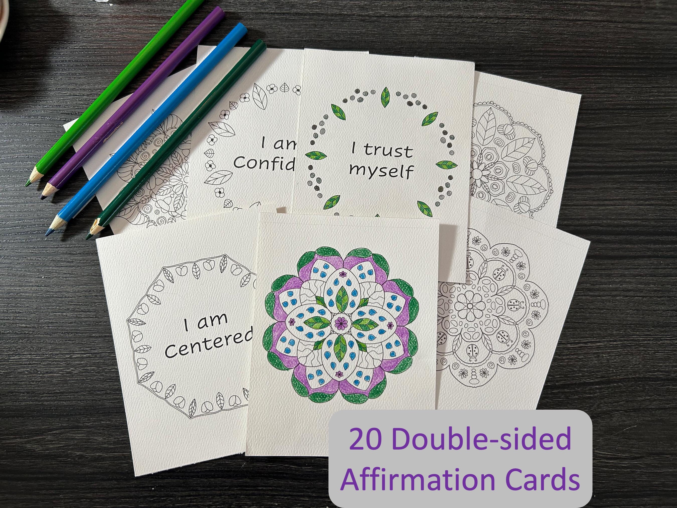 20 Affirmation Coloring Cards, Mandala Design, Printable PDF - Etsy