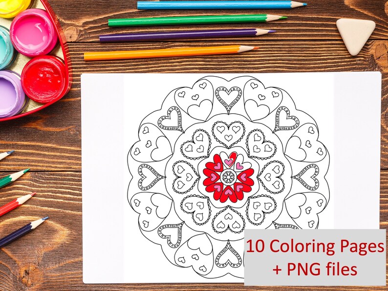 10 Hand Drawn Valentine Hearts Mandala Coloring Pages, Printable PDF ...