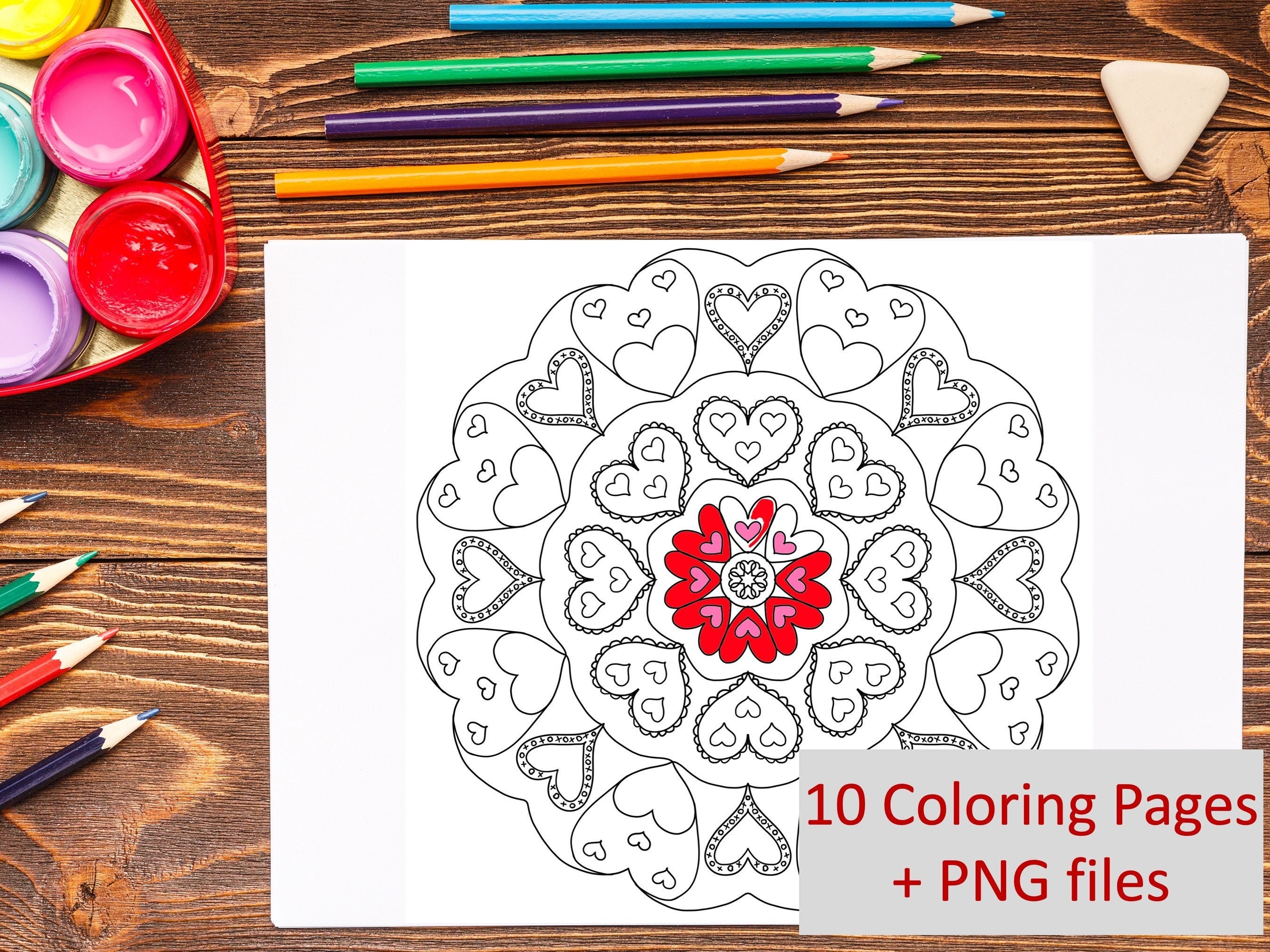 10 Hand Drawn Valentine Hearts Mandala Coloring Pages, Printable PDF ...