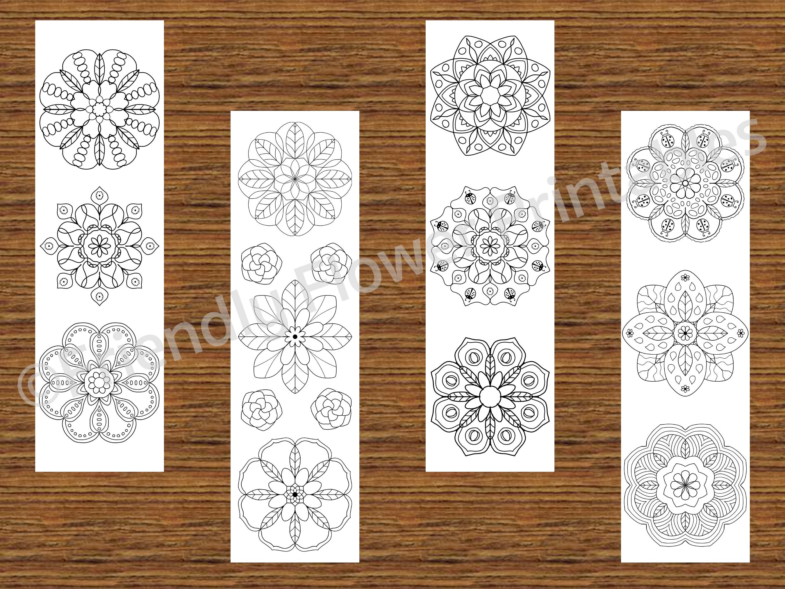 4 Hand Drawn Flower Mandala Bookmarks to Color, Printable PDF Instant ...