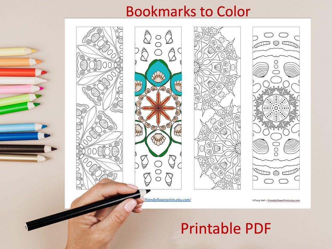 4 Hand Drawn Seashell Mandala Bookmarks to Color, Printable PDF Instant ...