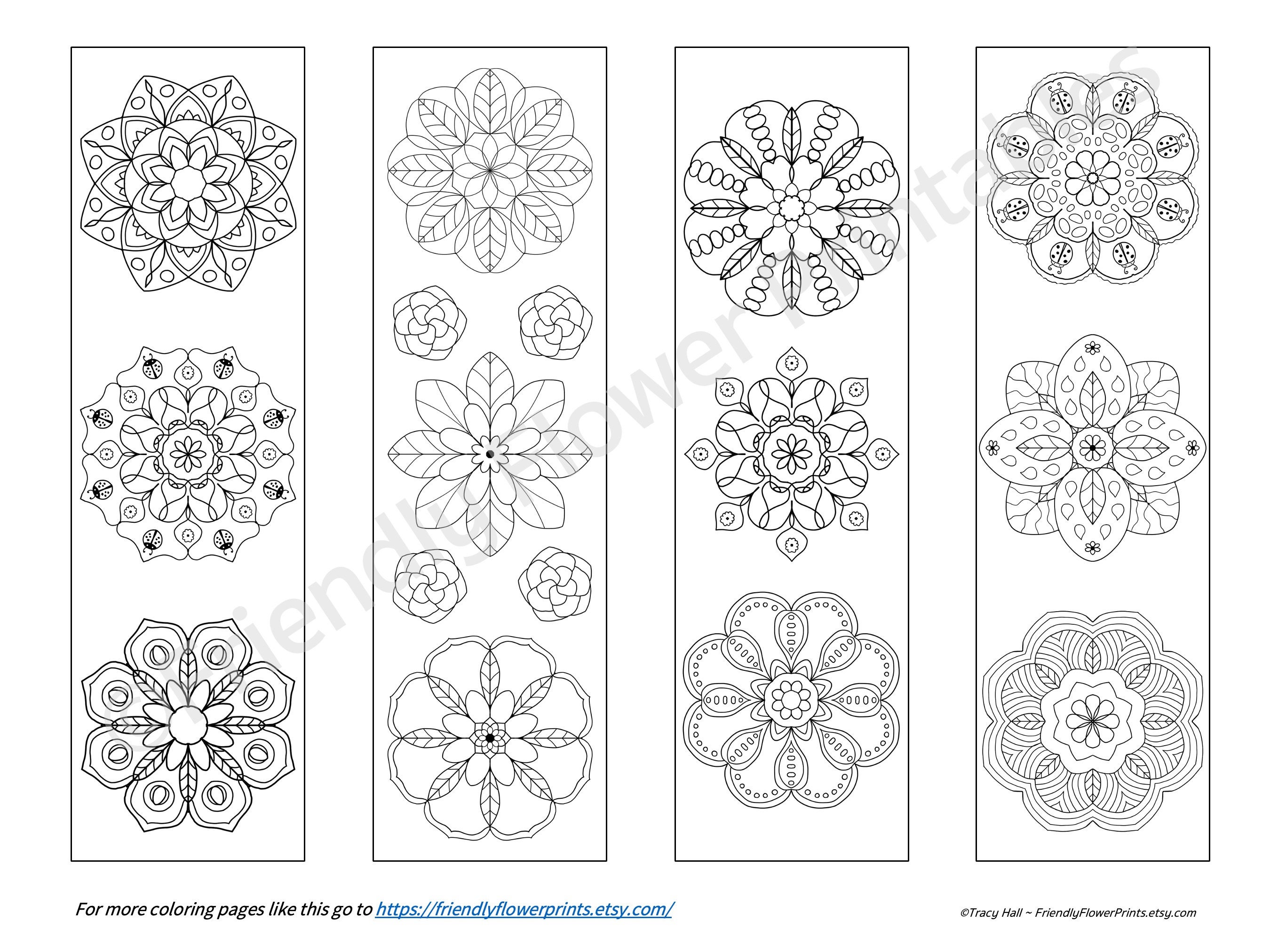 4 Hand Drawn Flower Mandala Bookmarks to Color, Printable PDF Instant ...