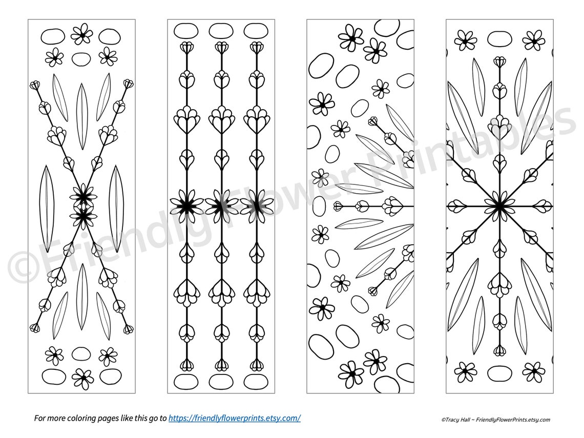 4 Hand Drawn Flower Mandala Bookmarks to Color, Printable PDF Instant ...