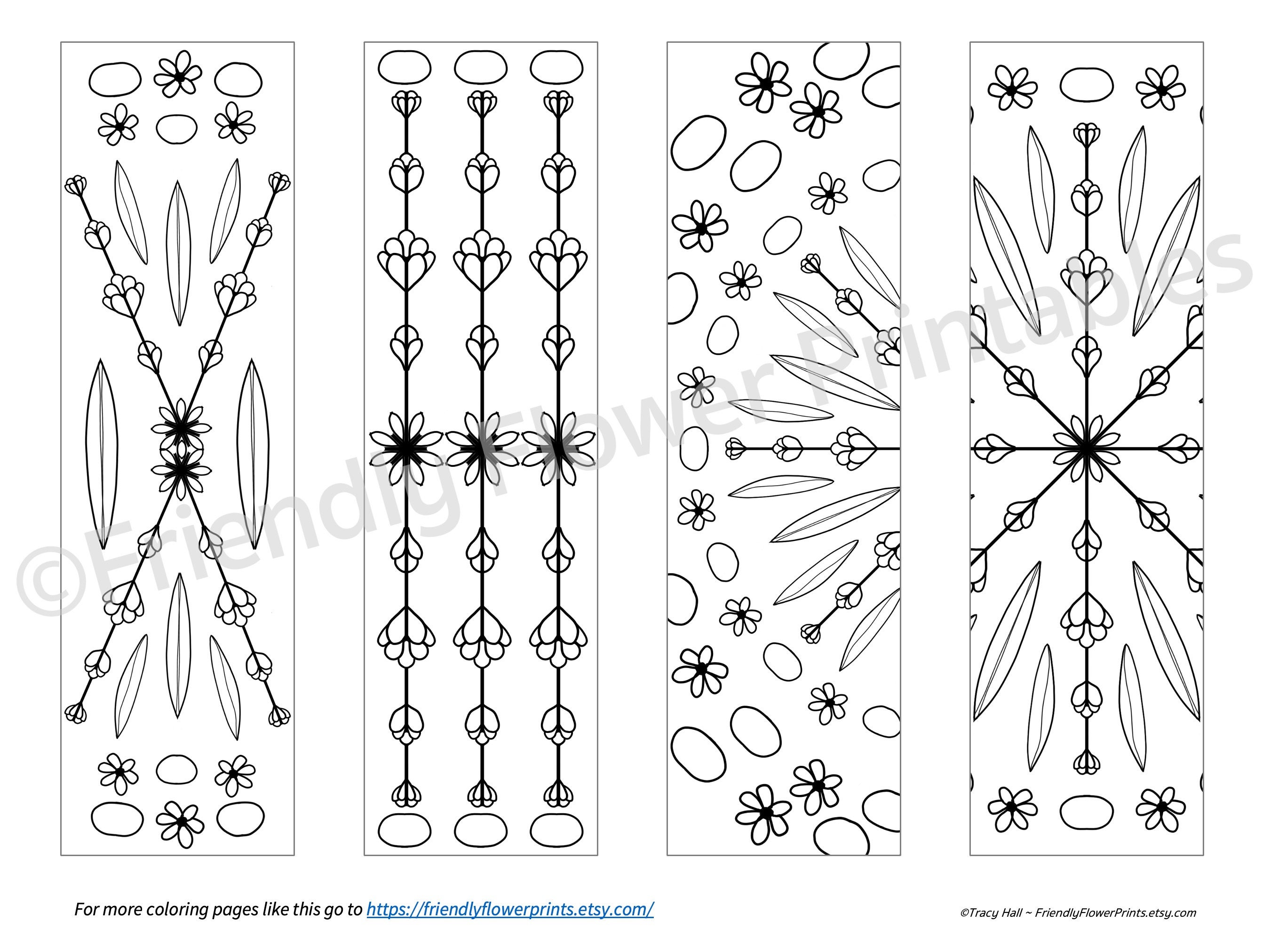 4 Hand Drawn Flower Mandala Bookmarks to Color, Printable PDF Instant ...
