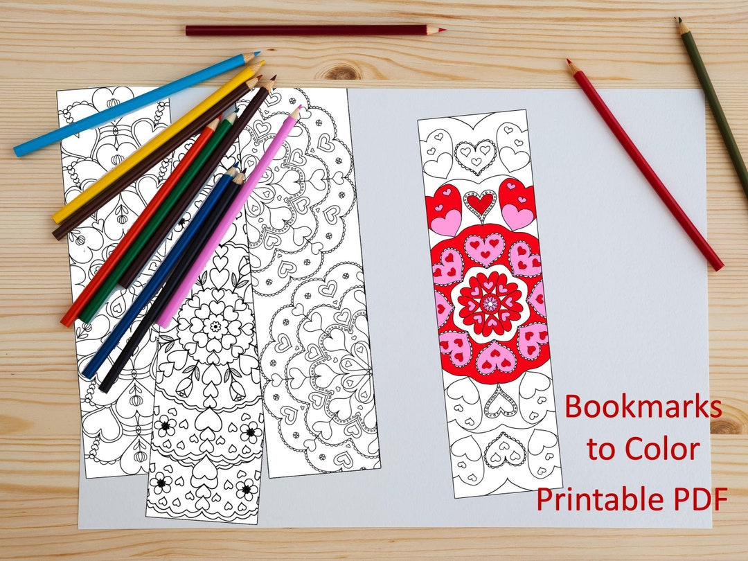 4 Hand Drawn Valentine Heart Mandala Bookmarks to Color, Printable PDF ...