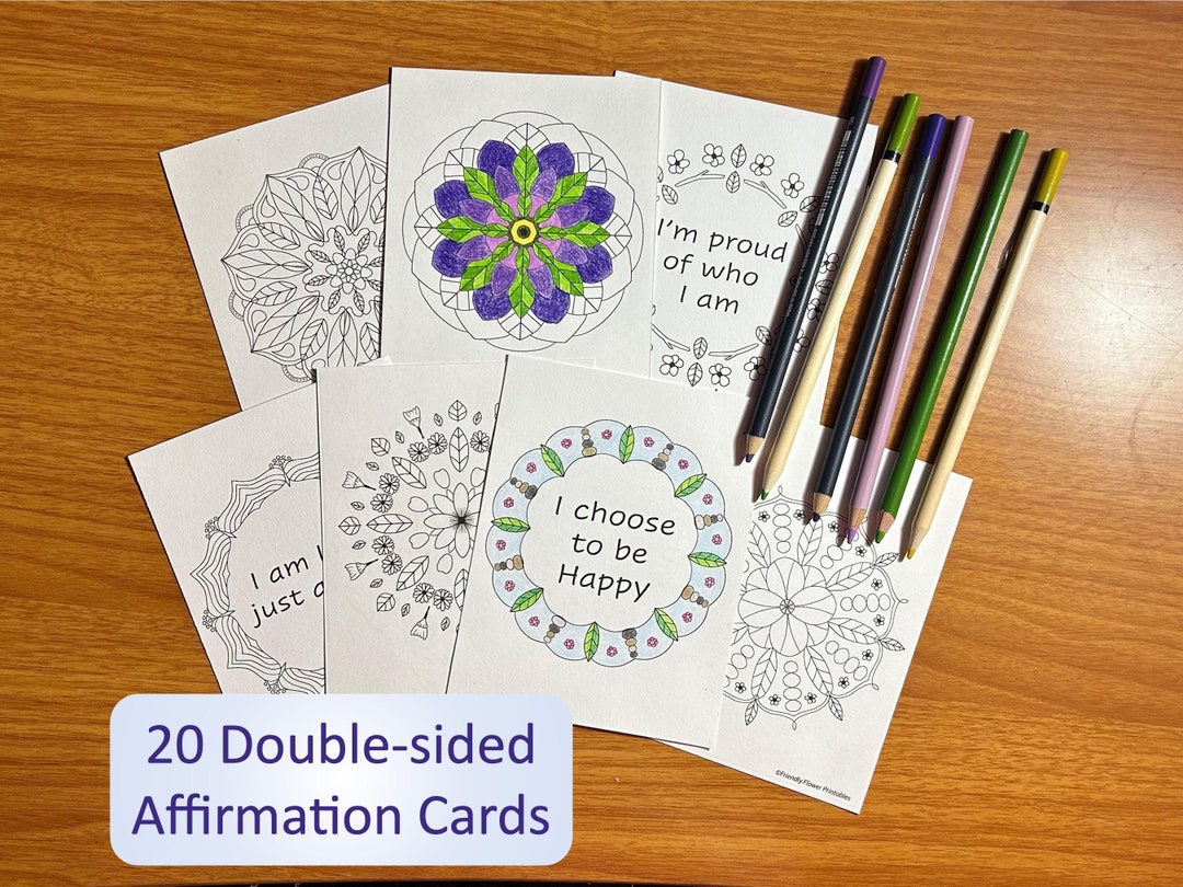 20 Affirmation Coloring Cards for Self Care, Mandala Design, Printable ...