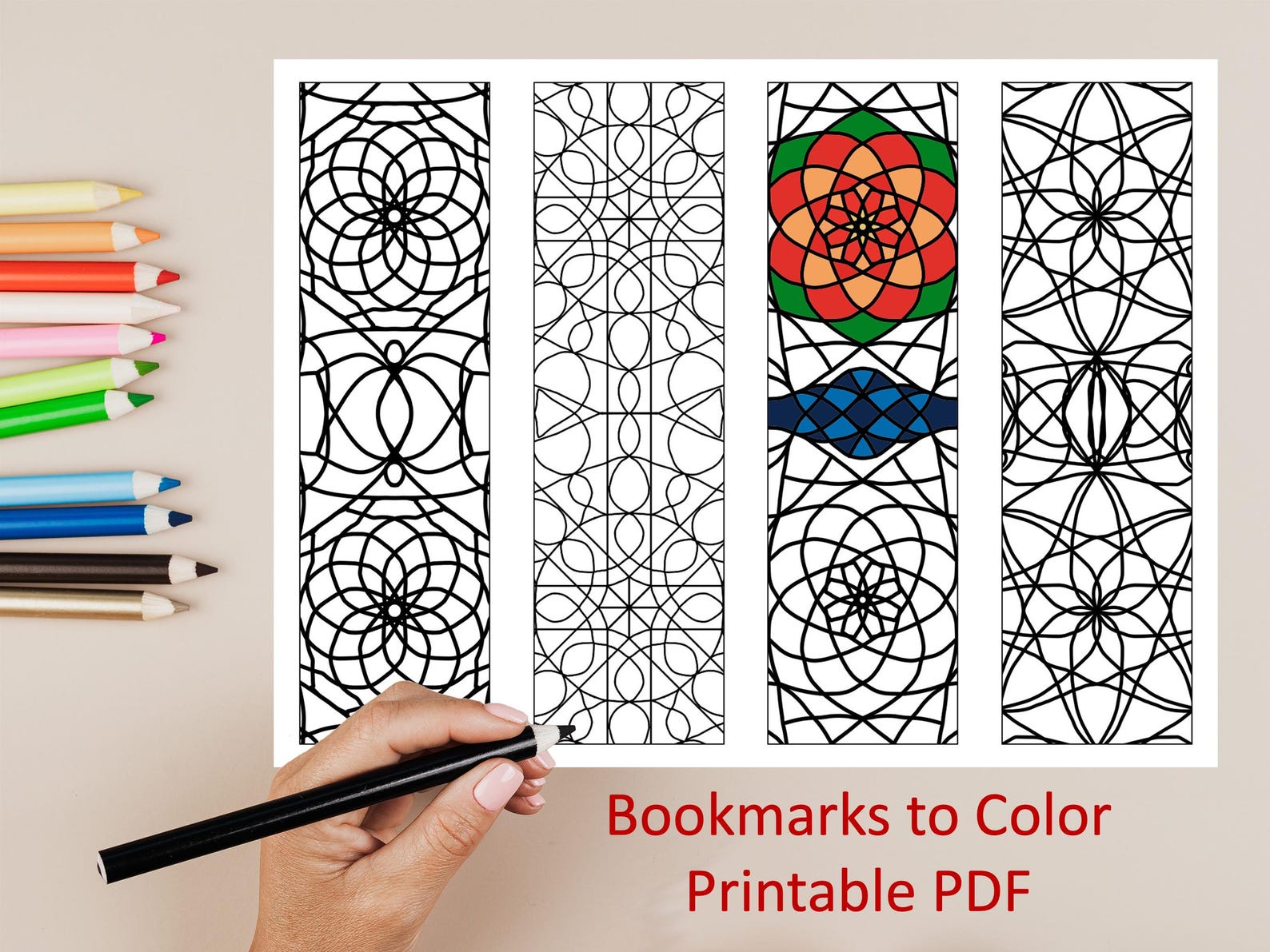 4 Geometric Stained-glass Bookmarks to Color, Printable PDF Instant ...