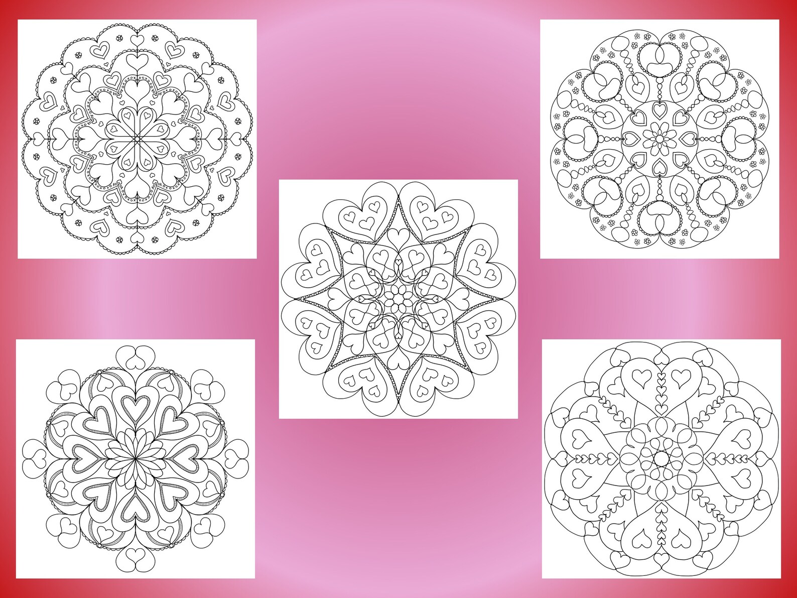 10 Hand Drawn Valentine Hearts Mandala Coloring Pages, Printable PDF ...