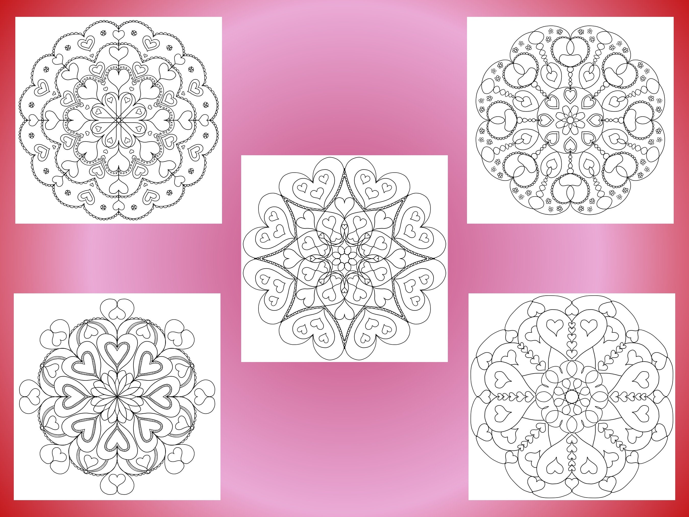 10 Hand Drawn Valentine Hearts Mandala Coloring Pages, Printable PDF ...