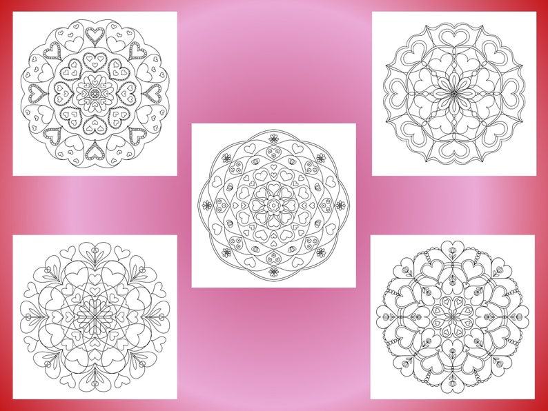 10 Hand Drawn Valentine Hearts Mandala Coloring Pages, Printable PDF ...