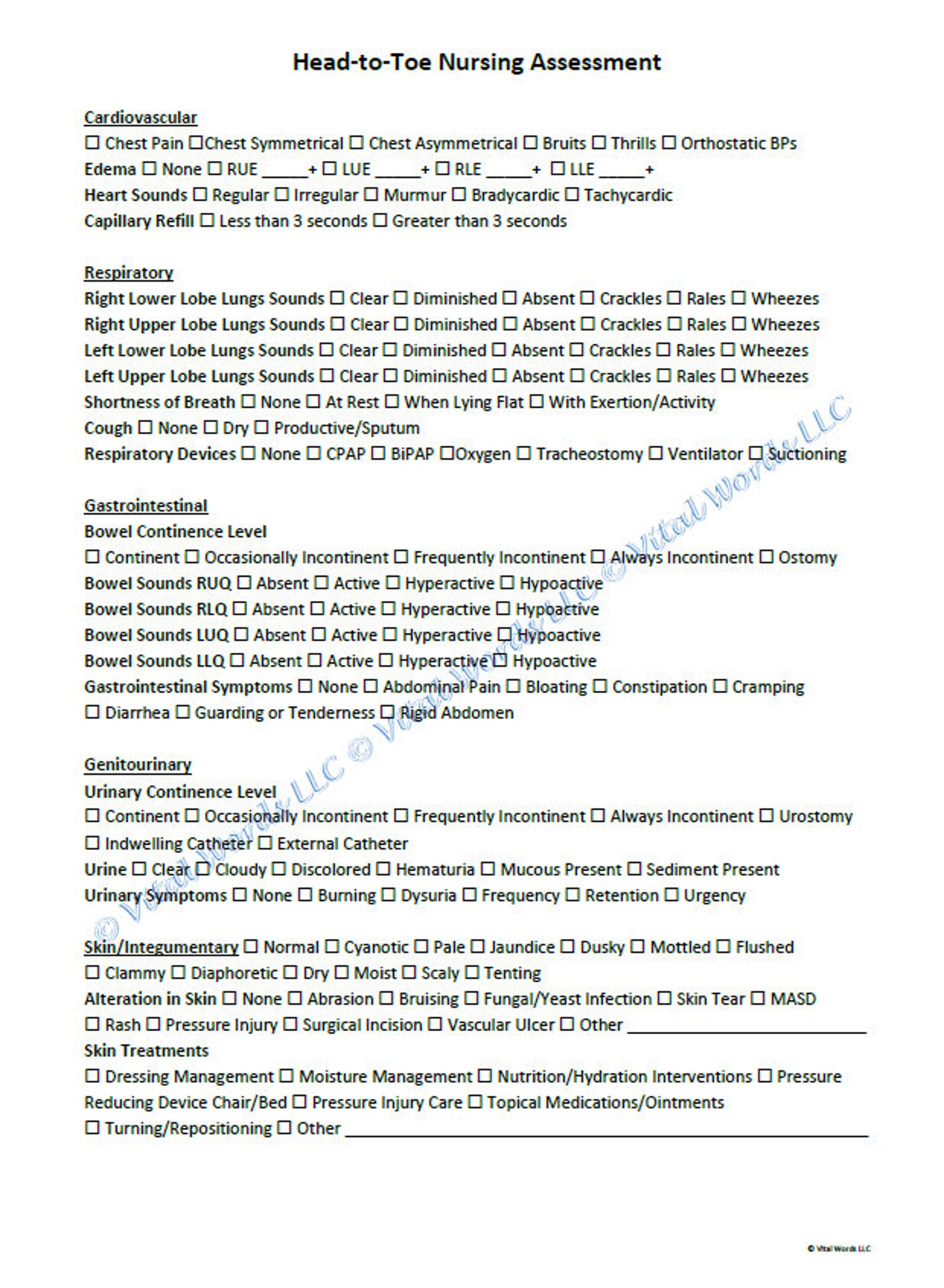 Head-to-toe Nursing Assessment Form With Check-boxes - Etsy