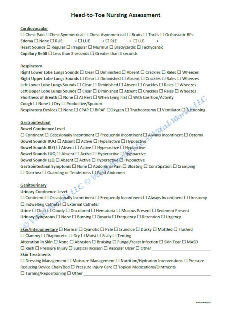 Head-to-toe Nursing Assessment Form With Check-boxes - Etsy