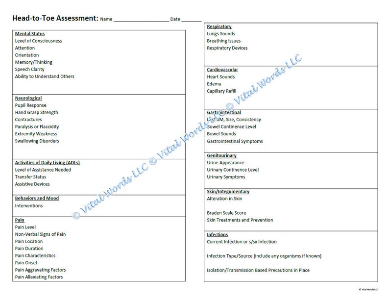 Head to Toe Nursing Assessment Simple One Page Form - Etsy
